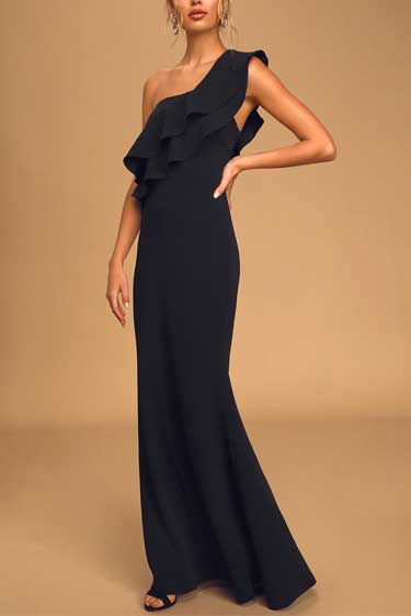 Grand Beauty Black Ruffled One Shoulder Mermaid Maxi Dress Best Maxi